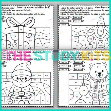 Christmas Math Craft Color by Number With Santa, Elf & Gingerbread Man ...